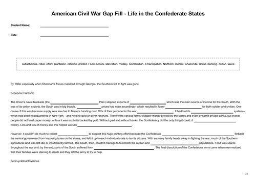 American Civil War - Life in the Confederate States Gap Fill Worksheet ...
