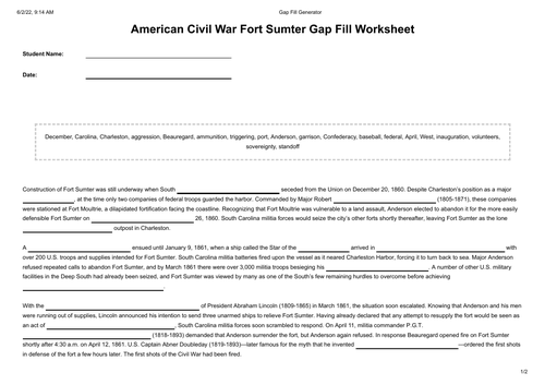 American Civil War Fort Sumter Gap Fill Worksheet | Teaching Resources