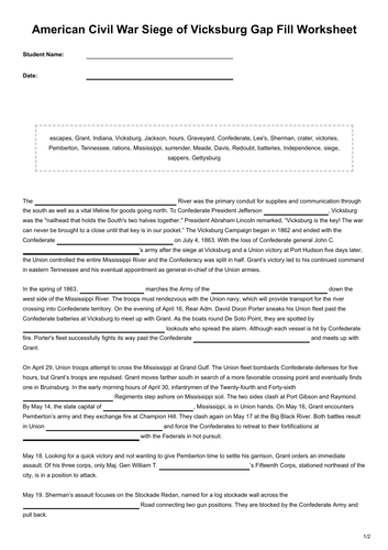 American Civil War Vicksburg Gap Gill Worksheet | Teaching Resources