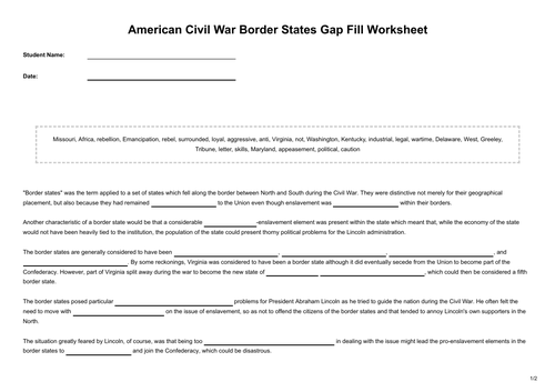 American Civil War Border States Gap Fill Worksheet | Teaching Resources