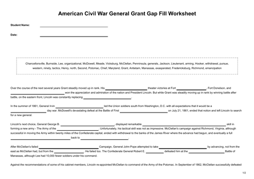 American Civil War General Grant Gap Fill Worksheet | Teaching Resources