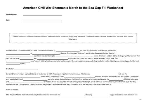 American Civil War Sherman's March to the Sea Gap Fill Worksheet ...