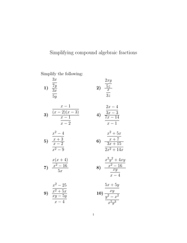 Simplifying compound algebraic fractions worksheet (with solutions ...