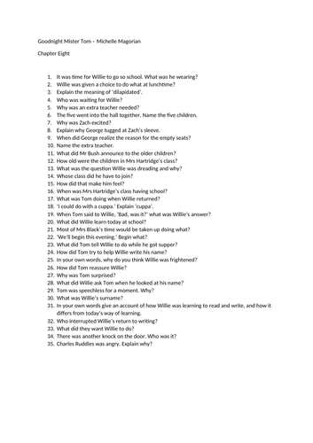 Goodnight Mister Tom Reading Comprehension Questions Chapters 6-10 ...