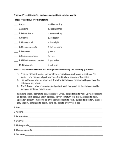 Preterit imperfect sentence completion and clue words practice ...