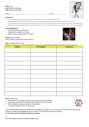 Anxiety Verses Stress - PSHE - Year 7 | Teaching Resources