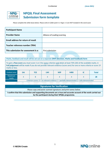 NPQSL Write Up Example inc. Appendix | Teaching Resources