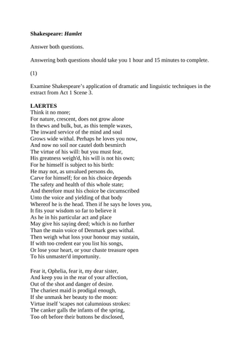 Hamlet 10 A Level Practice Exam Extract and Proposition Questions from ...