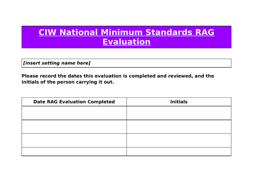 CIW National Minimum Standards RAG Evaluation | Teaching Resources
