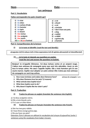 KS3 Les animaux - PPT and worksheet (with answers) | Teaching Resources
