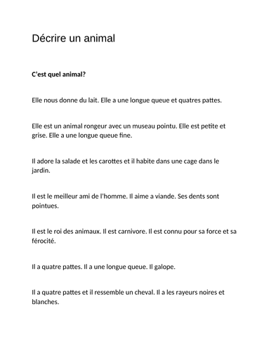 Home Schooling French Language Activity Sheet 'Cest quel animal ...