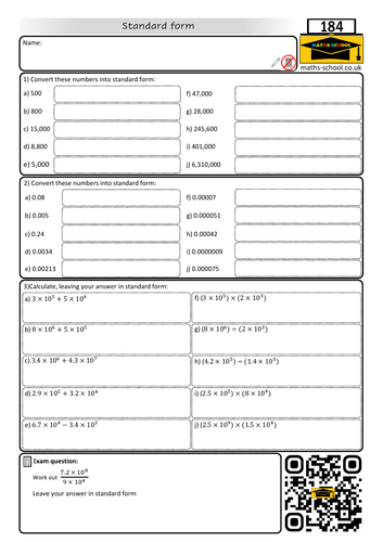 Standard form for GCSE Maths - Worksheet and Answers | Teaching Resources