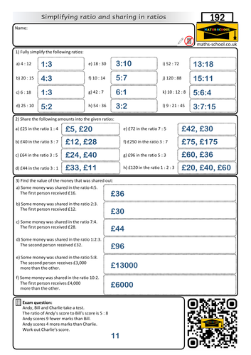 Simplifying ratio and sharing numbers into ratio - Worksheets and ...