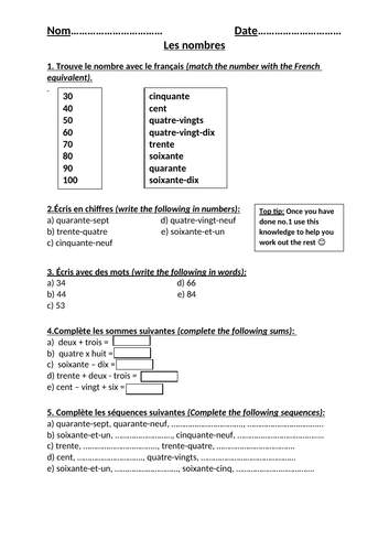 KS3 French Numbers 1-100 Worksheet [Les nombres (1-100)] | Teaching ...