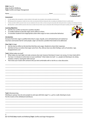 Conflict and Anger Management - PSHE - Year 10 | Teaching Resources