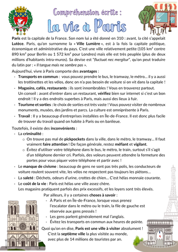 [French A2, B1] La vie à Paris - Life in Paris - Text & questions ...