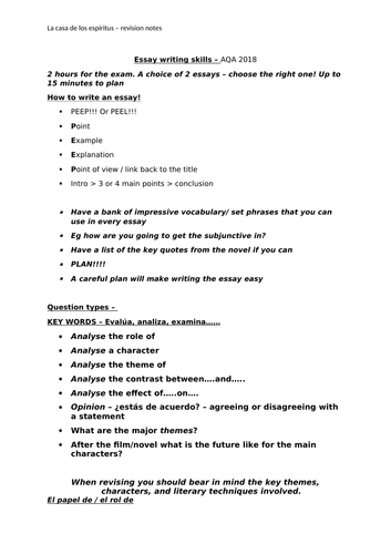 Revision notes La Casa De Los Espíritus | Teaching Resources
