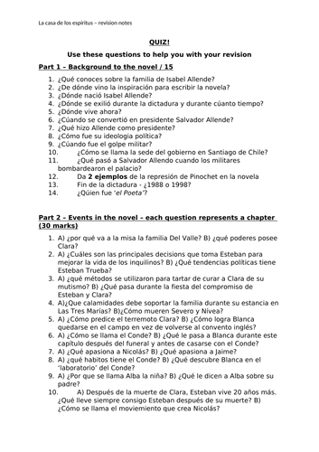 Revision notes La Casa De Los Espíritus | Teaching Resources