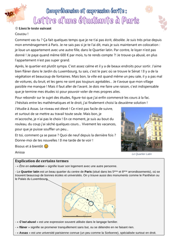 [French A2, B1] "Lettre d'une étudiante à Paris" (letter of a student ...