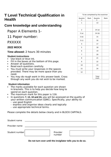 T Level Health Paper A Full Mock Exam | Teaching Resources