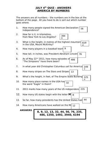 4th July maths quiz - America - End of term | Teaching Resources