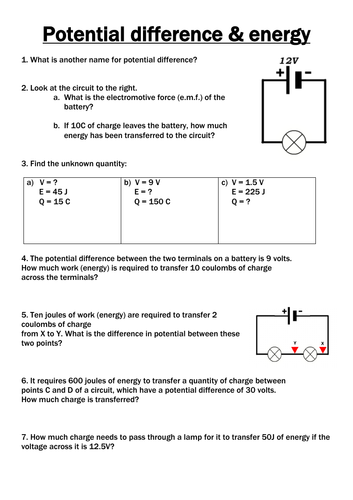 Voltage, energy & charge worksheet with answers | Teaching Resources