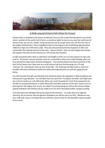Comprehension: The Victoria Falls Zimbabwe | Teaching Resources