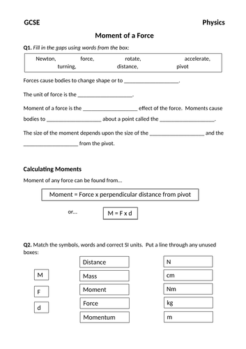 Moment of a force - GCSE worksheet | Teaching Resources