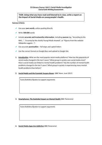 Social Media and Mental Health - Report Writing | Teaching Resources