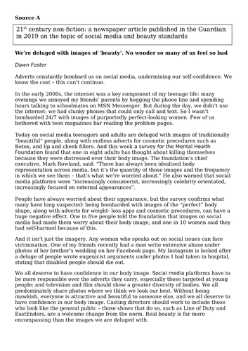 AQA English Language GCSE Paper 2 - Practice paper on 'Beauty Standards ...