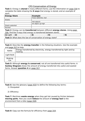 CP3 Conservation of Energy Revision Sheet, Edexcel Combined Science ...