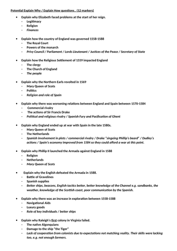 potential 12 mark questions Elizabethan England 1558-1588 GCSE History ...
