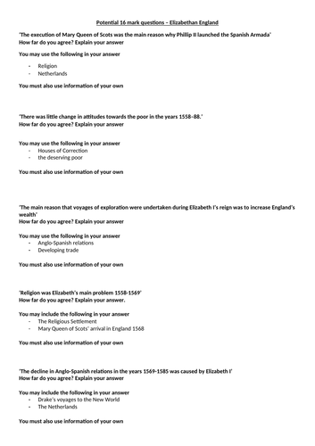 Elizabethan England 16 mark questions Edexcel GCSE History | Teaching ...