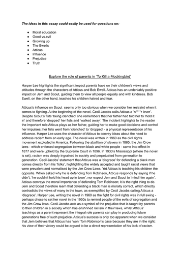 'To Kill a Mockingbird' Essay: Parents | Teaching Resources