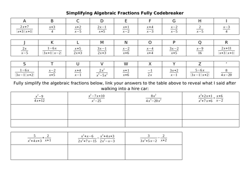 Simplifying Algebraic Fractions Fully Codebreaker Teaching Resources