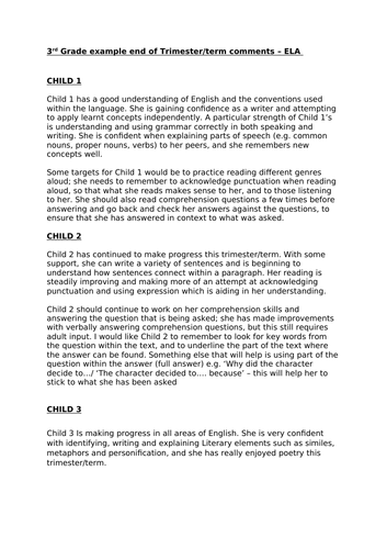 EXAMPLE REPORT CARD COMMENTS YEAR 3/4/GRADE 3 | Teaching Resources