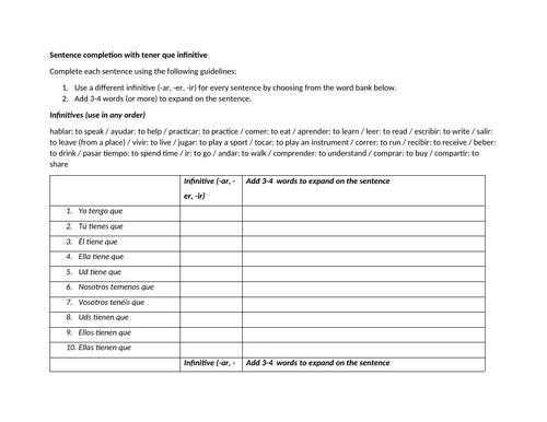 Tener que infinitive sentence completion practice | Teaching Resources