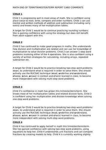 YEAR 3/3RD GRADE EXAMPLE REPORT COMMENTS MATH | Teaching Resources