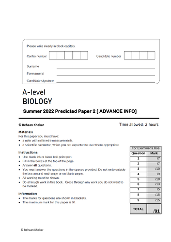 A LEVEL BIOLOGY PREDICTED PAPER 2 SUMMER 2022 | Teaching Resources