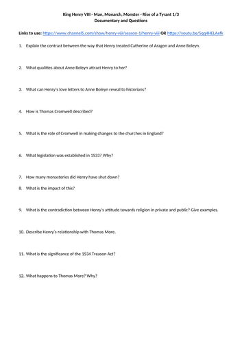 AQA Tudors Henry 8th documentary questions worksheet X 3 | Teaching ...