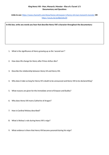 AQA Tudors Henry 8th documentary questions worksheet X 3 | Teaching ...