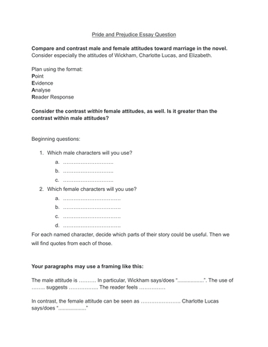 Pride and Prejudice Essay Planning Sheet | Teaching Resources