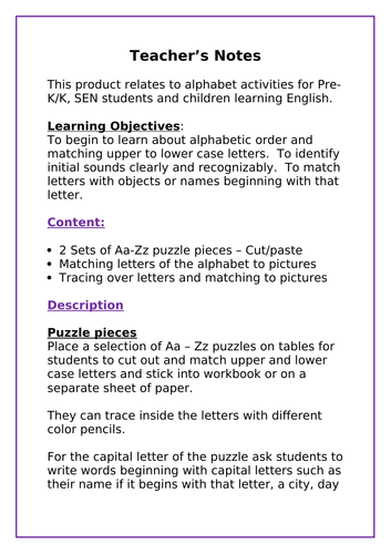 Alphabet Activities Match Capital/Uppercase Lowercase Letters Puzzle ...