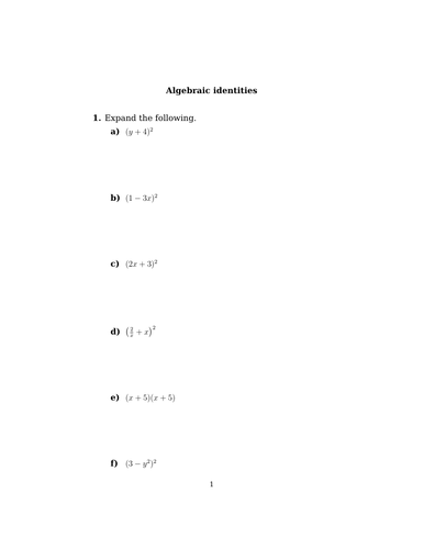 Algebraic identities worksheet no 4 (with solutions) | Teaching Resources
