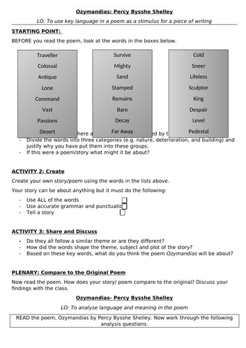 Poetry Comparison Lessons: Ozymandias and London | Teaching Resources
