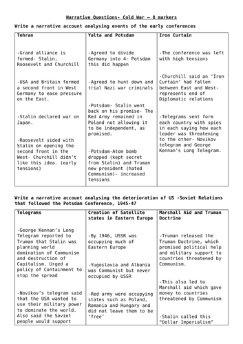 Narrative Cold War example answer plans | Teaching Resources