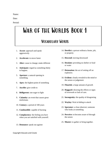 War of the Worlds Vocabulary | Teaching Resources