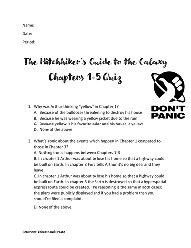 The Hitchhiker's Guide to the Galaxy Quizzes (Whole Novel) | Teaching ...