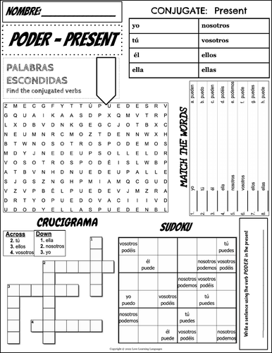 Spanish Verb PODER Worksheet - Present Tense - 6 Activities - One Page ...