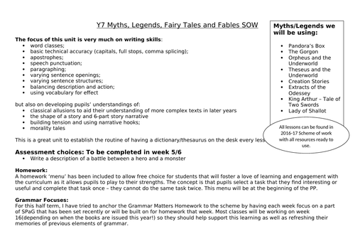 Myths and Legends Creative Writing SOW KS3 | Teaching Resources